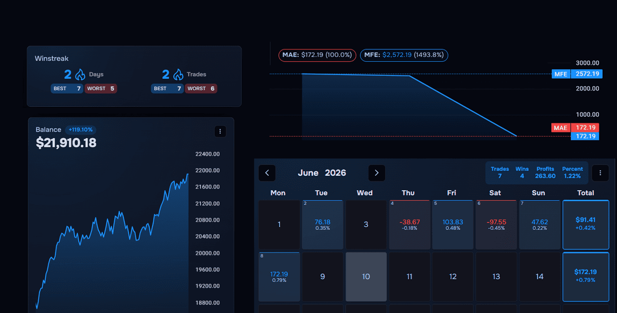 Win streaks, balance, MAE/MFE, and P&L calendar — each metric answers a ...